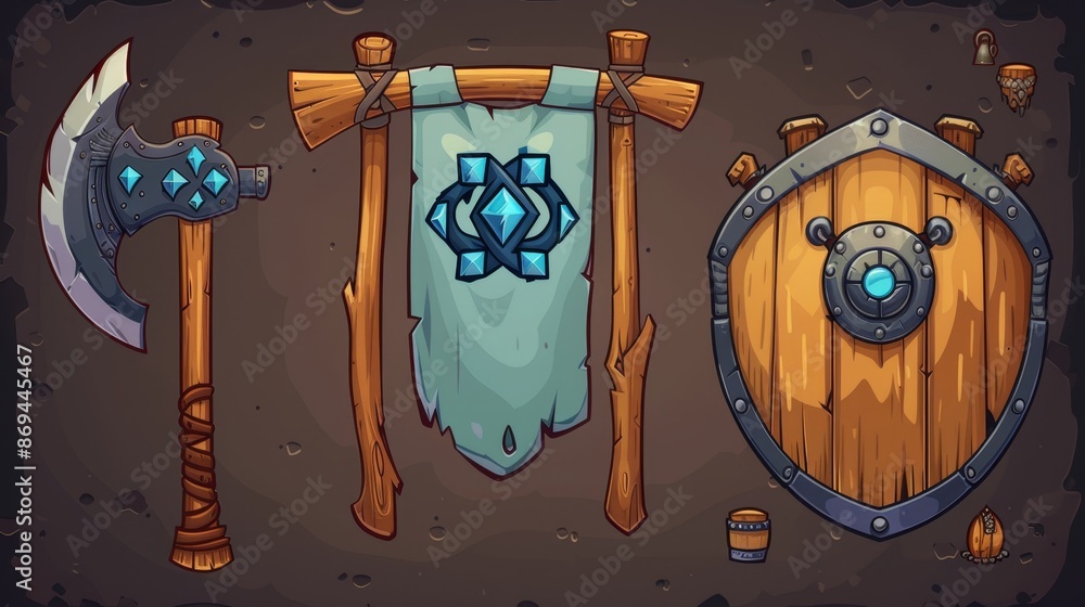 Nordic battle game icon with shield and weapon. Fantasy knight or ...