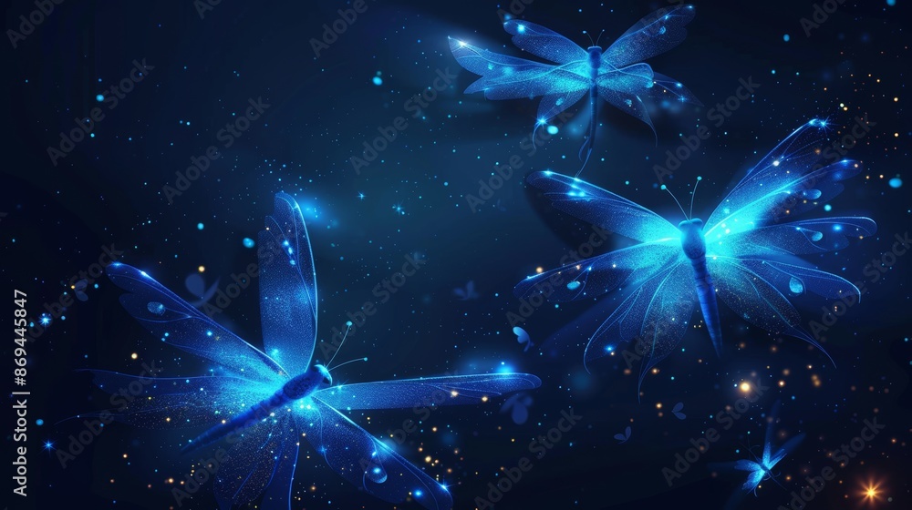 Floating summer insect illustration with blue firefly light. Magic bug ...