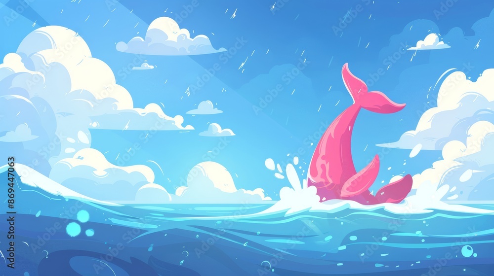 Ocean landscape illustration with jumping whales. Sunny day ...