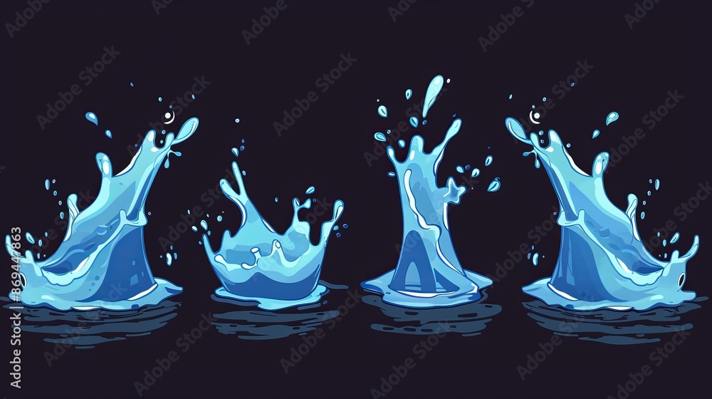 Animation or game UI design of cartoon water splash and surfing wave ...