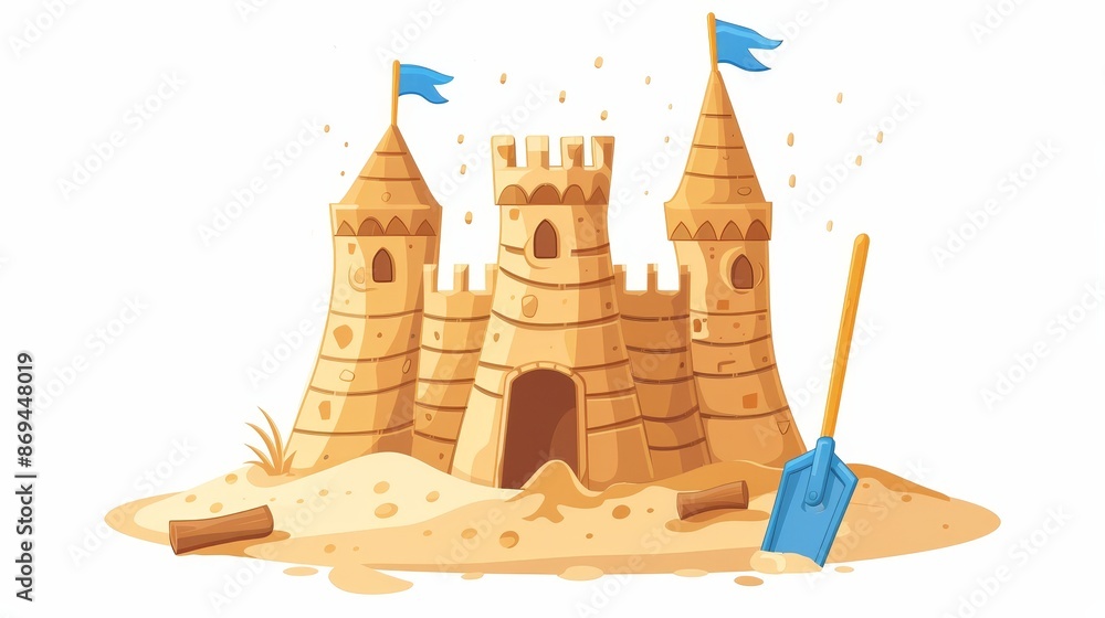 Beach sand castle cartoon modern. Cute sand castle sculpture drawing ...