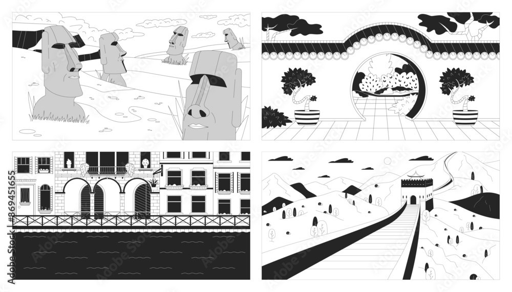 World travel landscapes black and white line illustrations set ...