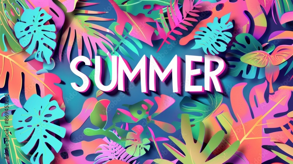 SUMMER text is illuminated with neon colors amidst a lush, tropical ...