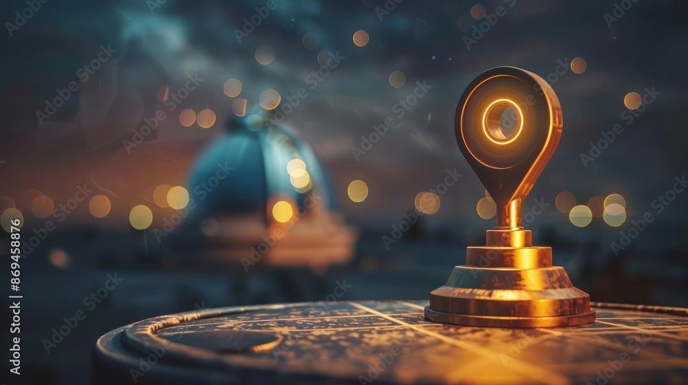 Highlighted by an 80s retro icon, the map pin points to an astronomy ...