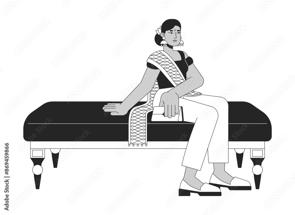 Hindu woman taking rest on museum seating black and white 2D line ...
