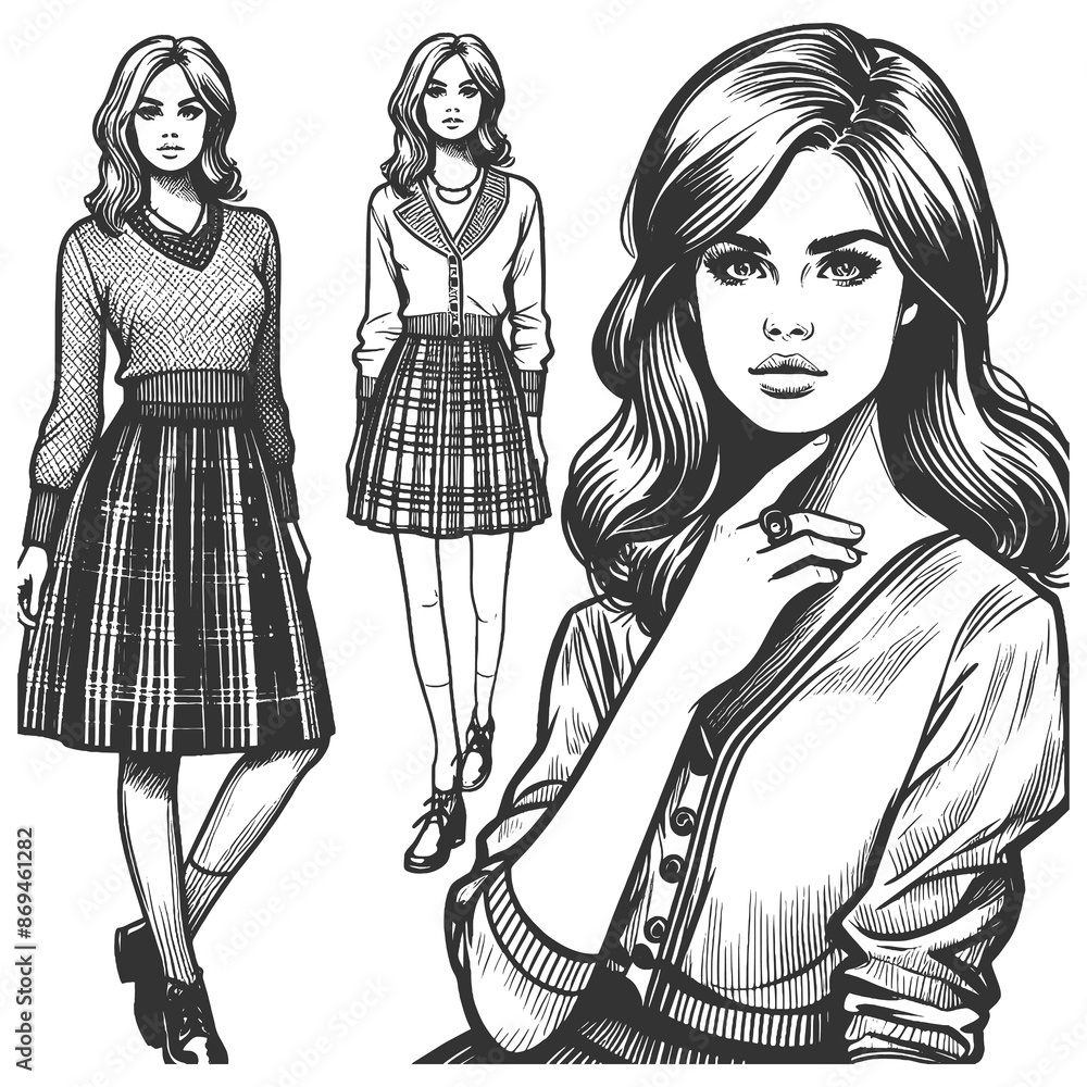 stylish woman in vintage clothing, detailed outfits and classic ...