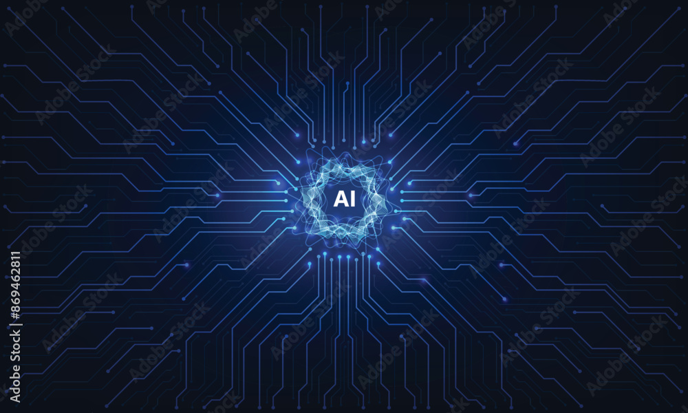 Abstract digital AI robot on circuit board light blue background. Chat ...