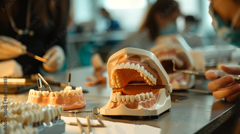 Dental prosthetics and models displayed on a workbench in a dental lab ...