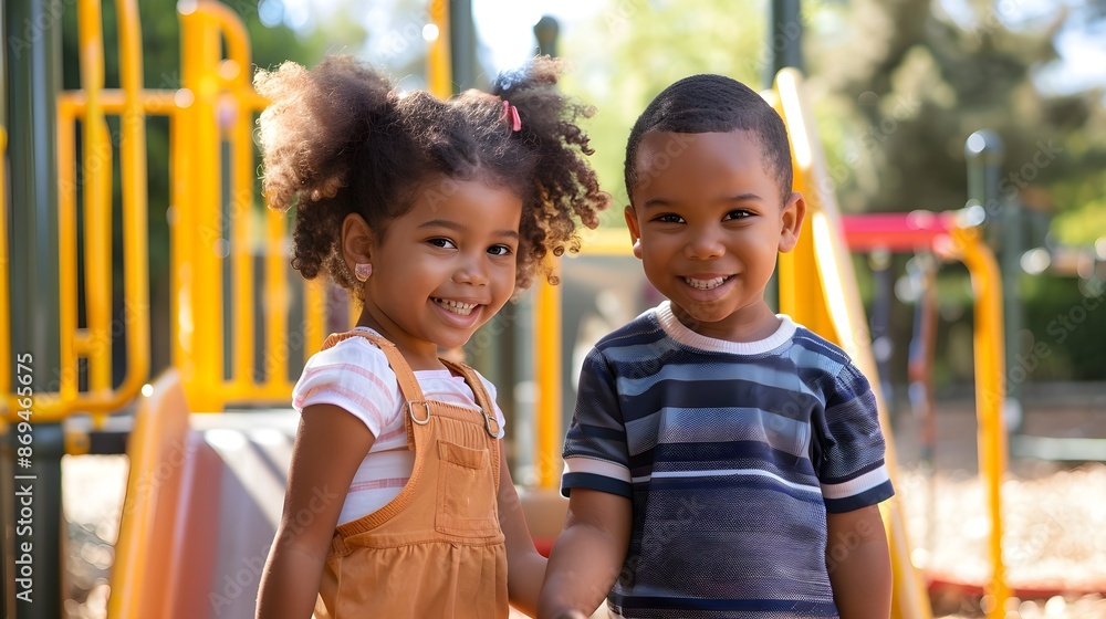 Two children of different races holding hands and smiling in a ...