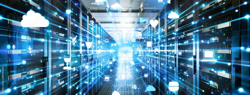 Internet data center room with servers and networking devices on rack ...