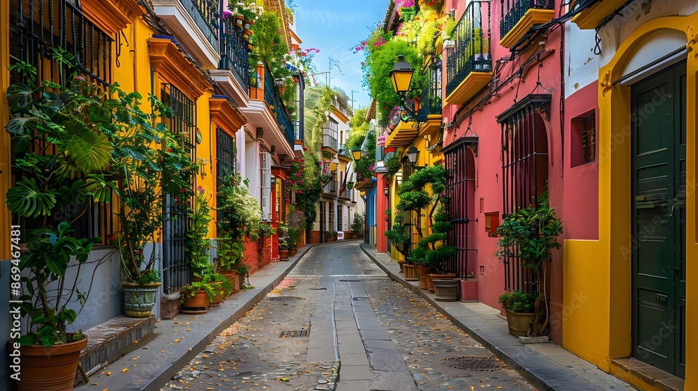 Photo of old street in Seville, Spain with colorful houses and plants ...