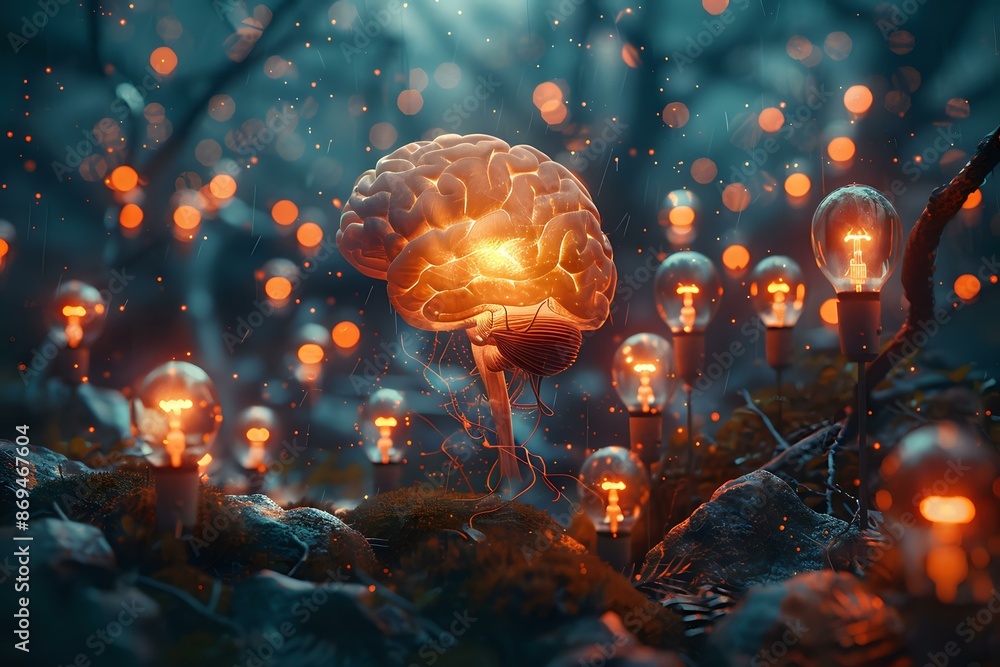 Magical scene of glowing brain in an enchanted forest, creating a ...