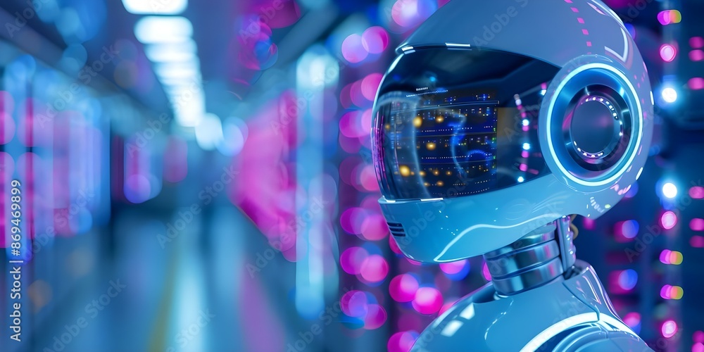 Futuristic data center with humanoid robots performing maintenance tasks and holographic ...