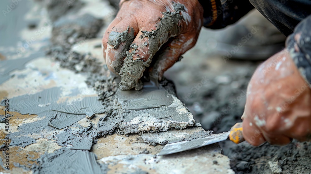 A close up of hands using a putty knife to apply a concrete crack ...