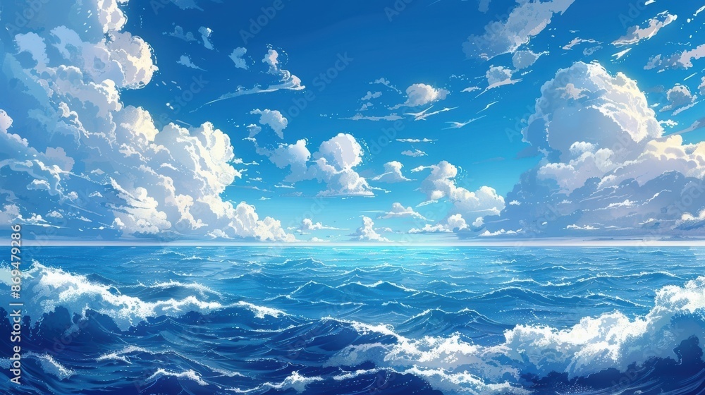 Vibrant ocean scene with dynamic waves under a bright blue sky filled ...