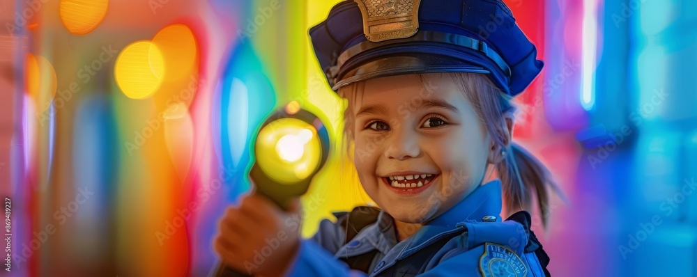 Child police officer with a badge, smiling excitedly, holding a ...