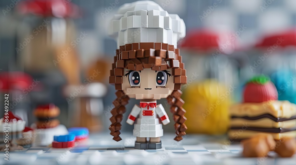 Cute pixel art doll with a chef hat, 3D model, white background ...