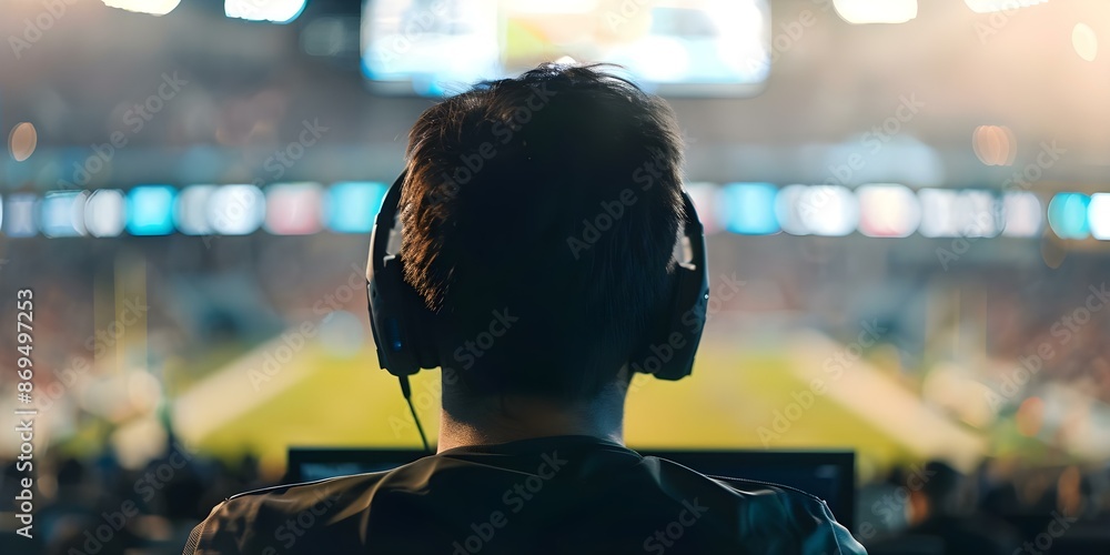 Sports Broadcaster Reporting Live from Desk Overlooking Stadium ...