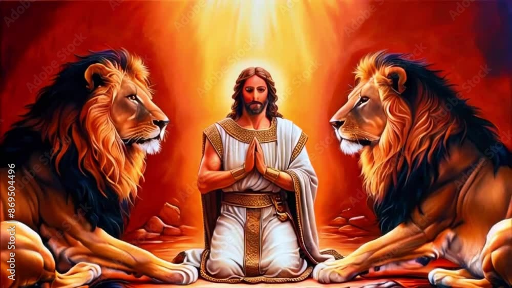 This is a painting of Jesus Christ kneeling and praying with a lion on ...