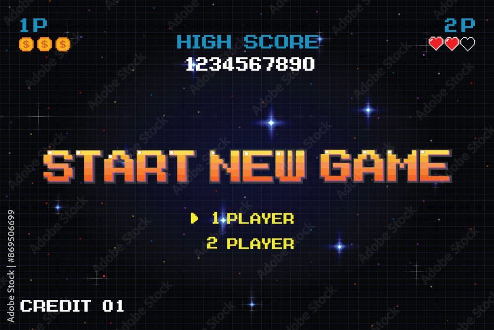 START NEW GAME play .pixel art .8 bit game. retro game. for game assets in vector illustrations ...