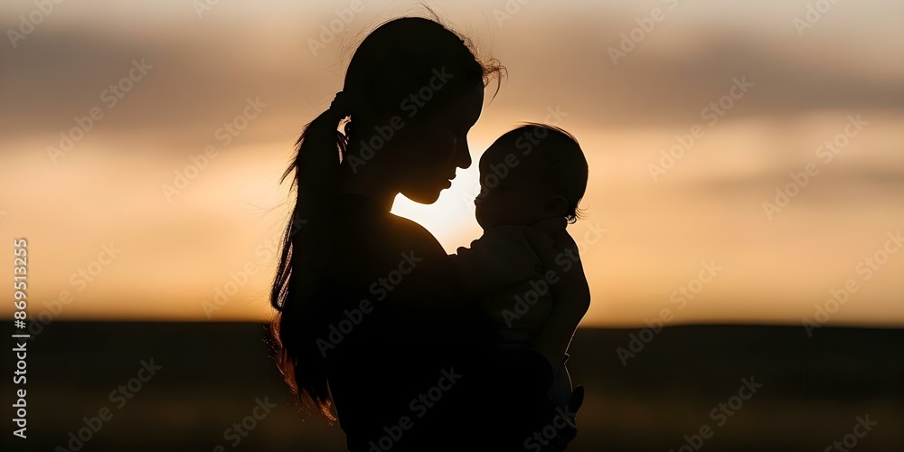 Silhouette of Indigenous American mom holding baby with postpartum ...