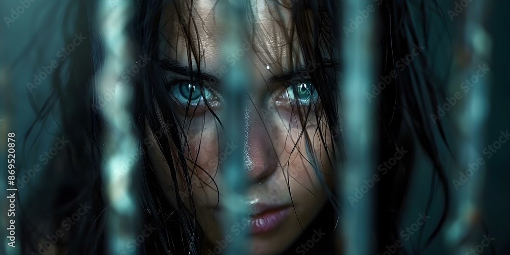 A girl symbolizing captivity and despair trapped in an iron cage. Concept Sadness, Imprisonment ...