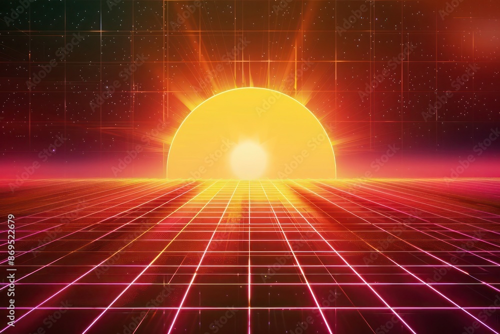 Retro 80s style neon grid with a sun setting in the background, perfect ...