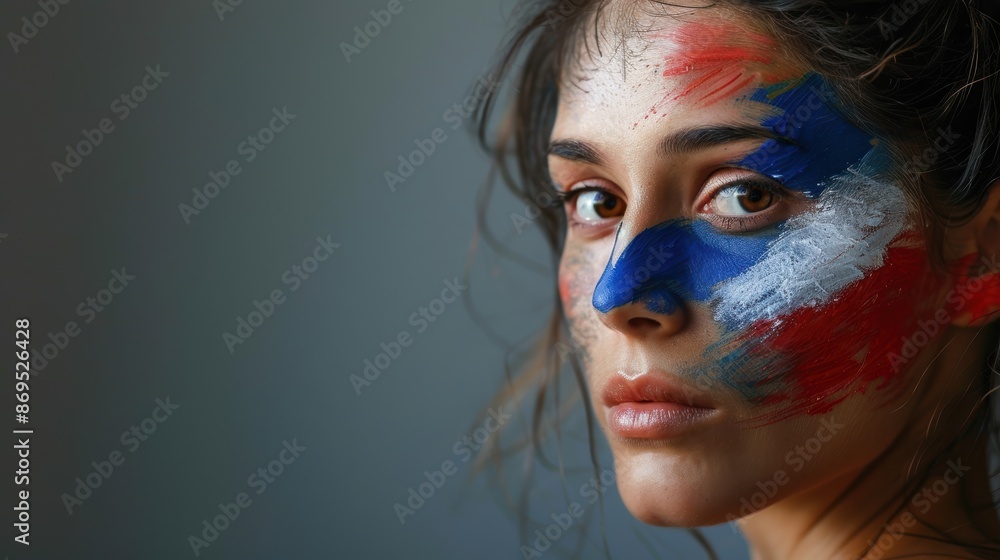 painting of a woman's face with the French flag. supporter of a ...