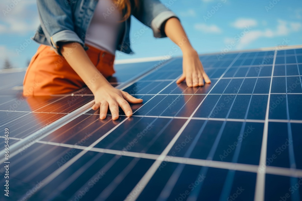 Woman hands touching solar energy panels at power station Young woman in hot pants touching ...