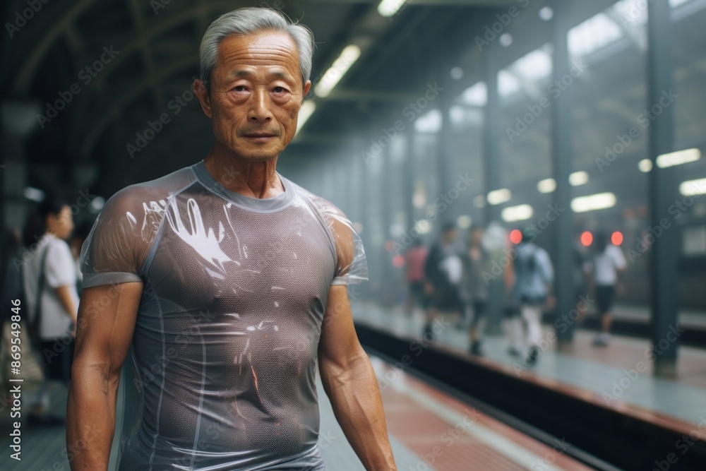 Portrait of a glad asian man in his 80s showing off a lightweight base ...