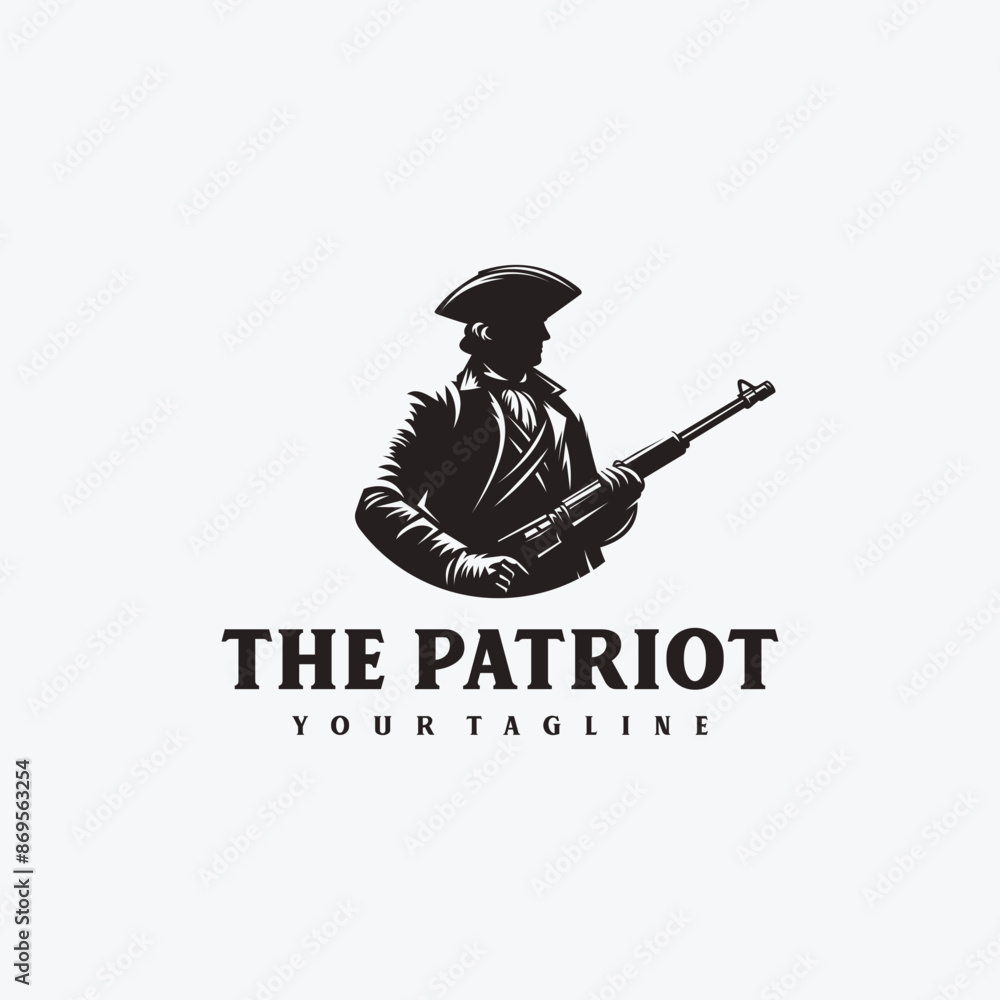 silhouette logo of american patriot carrying a rifle in vintage style ...