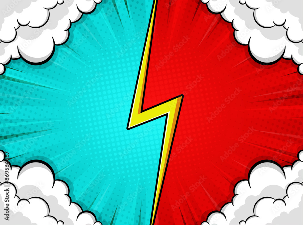 Comic background design in blue and red with a lightning line in the ...