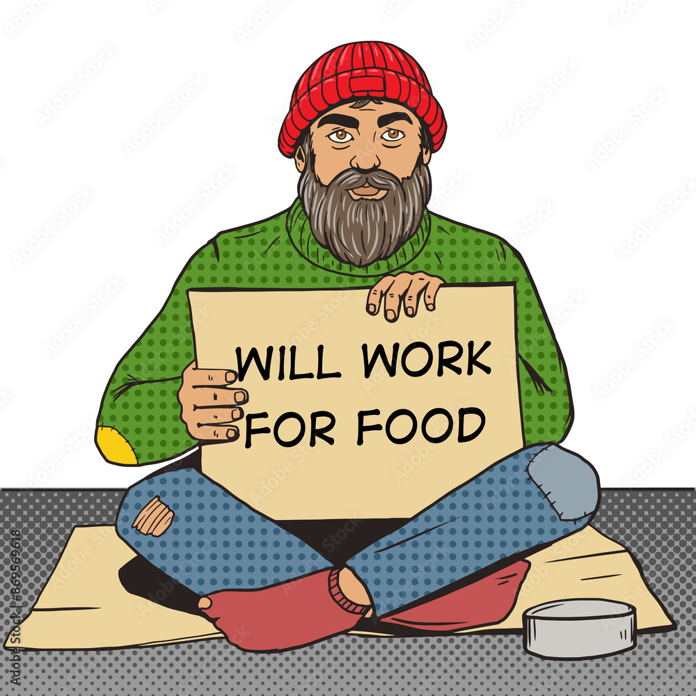 Homeless man with paper sign pop art style PNG illustration. Comic book ...