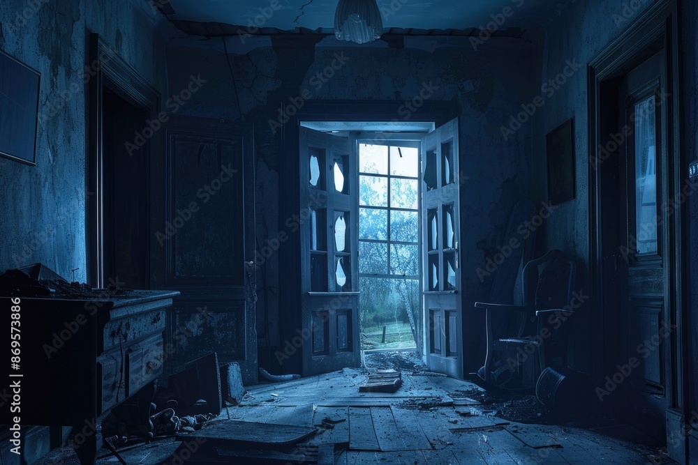 Terrifying interior of a deserted house featuring open doors leading to ...