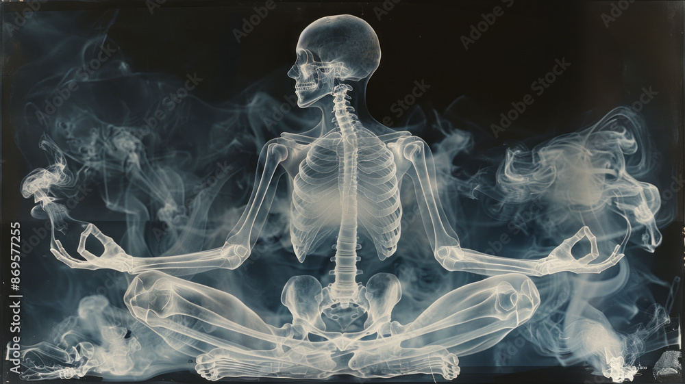 Detailed X-ray: skeleton in yoga pose, golden ratio, soft hues, 3D ...