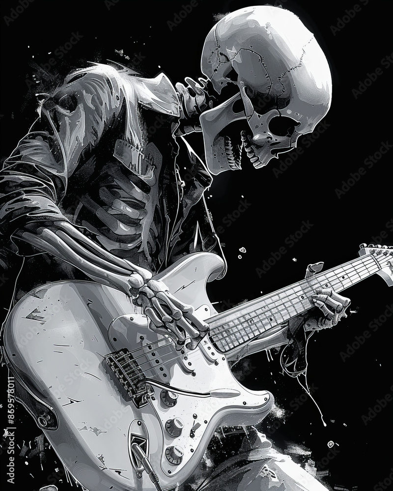 skeleton playing guitar in a heavy metal band graphic on a solid black ...