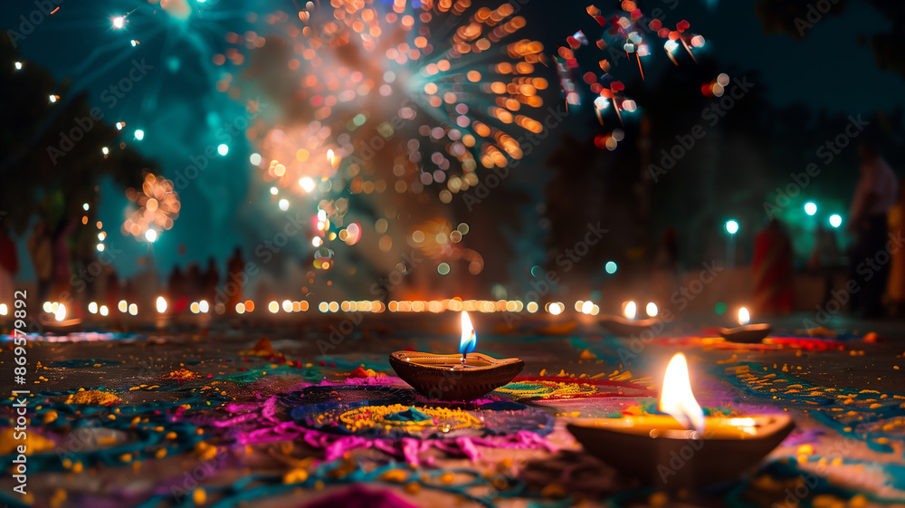 Diwali Celebration. An outdoor scene of Diwali night with colorful ...
