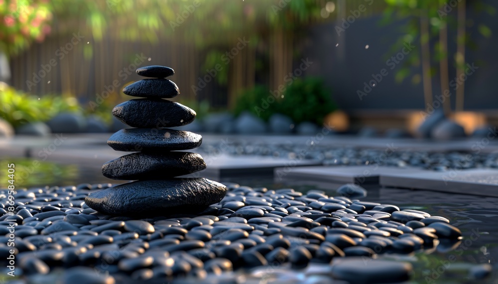 Zen Garden Featuring Charcoal Grey and Balanced Pyramid of Dark Grey ...