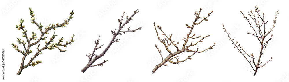 pixel art bare tree branches in different stages budding from left to ...