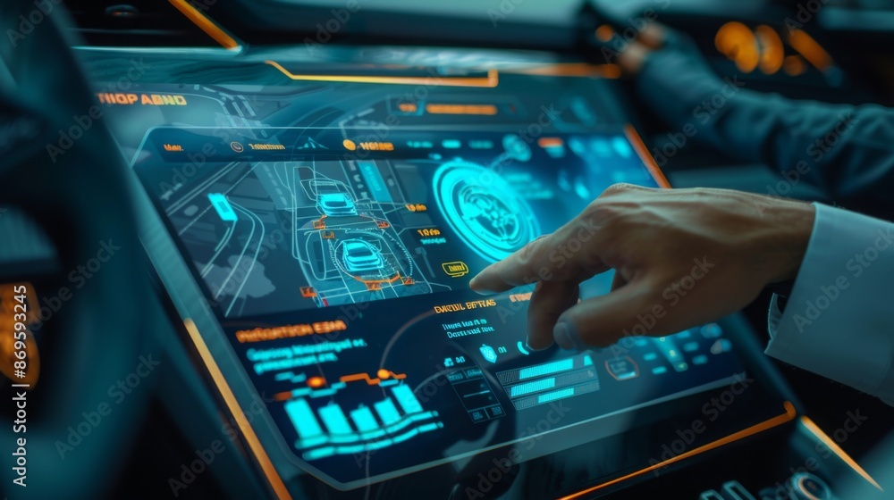 Close-up of drivers hand using futuristic car interface with navigation ...