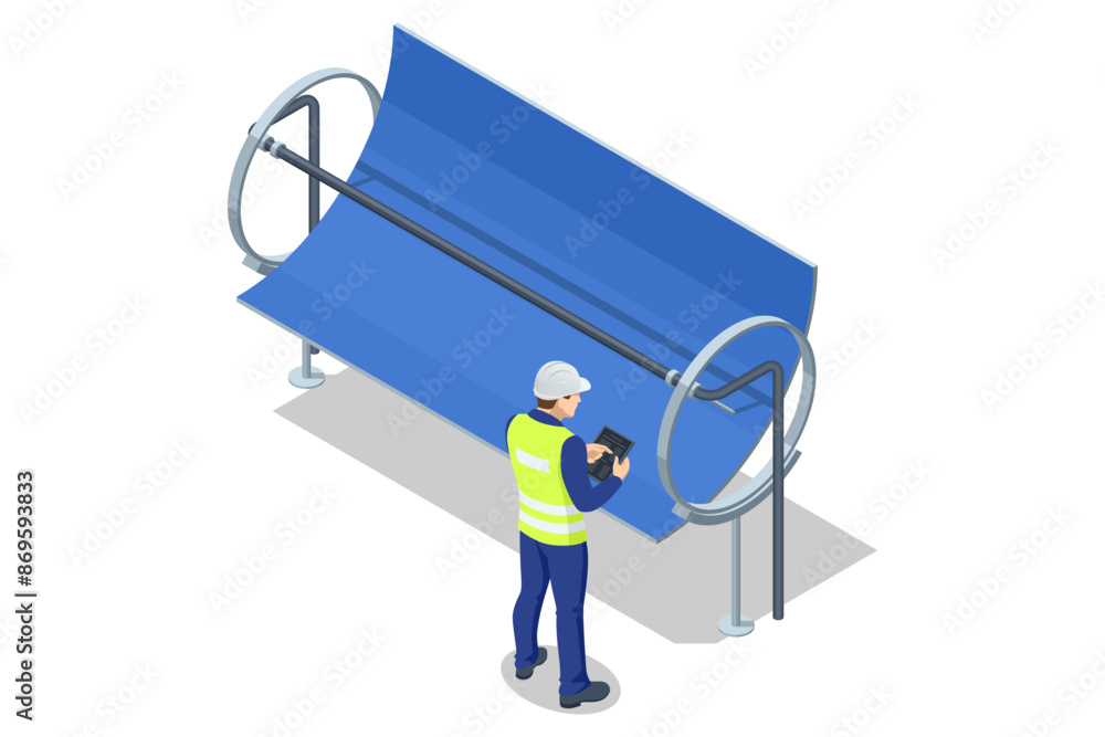 Isometric repair of solar mirrors. Solar power plants turn up skyward ...