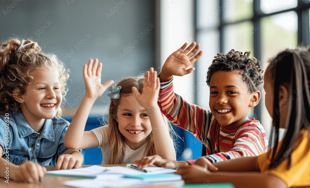 Happy Children High-Five in Classroom Celebrating Teamwork and Success ...
