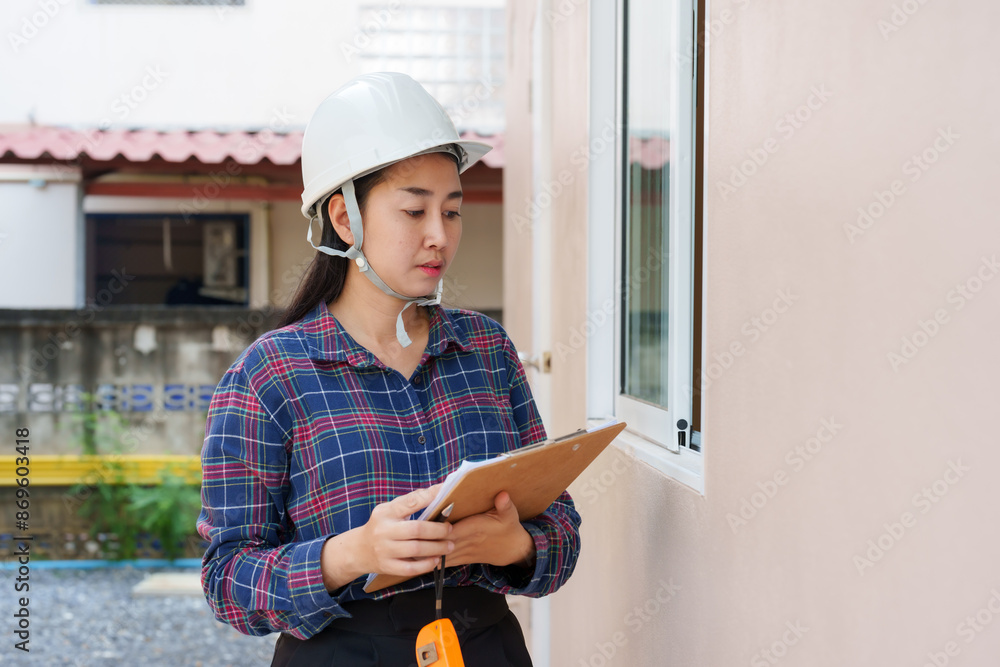 Asian female construction inspector assessing house exterior. Inspector ...