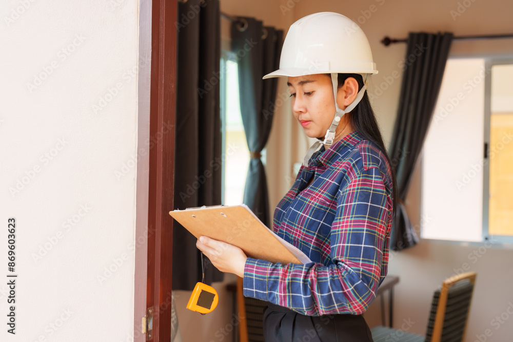 Asian female construction inspector writing notes on clipboard indoors ...