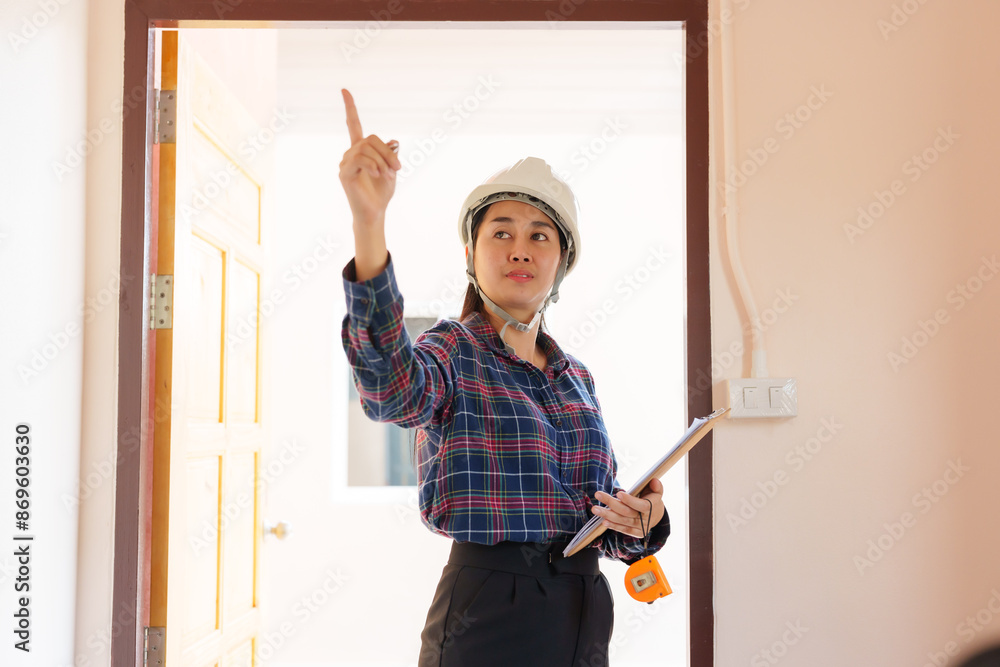 Asian female construction inspector examining door frame. Inspector ...