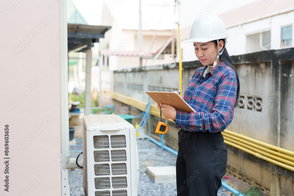 Asian female construction inspector reviewing air conditioning unit ...
