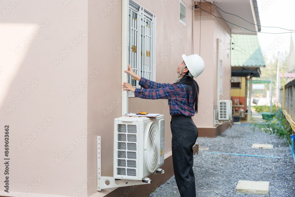 Asian female construction inspector examining exterior building ...