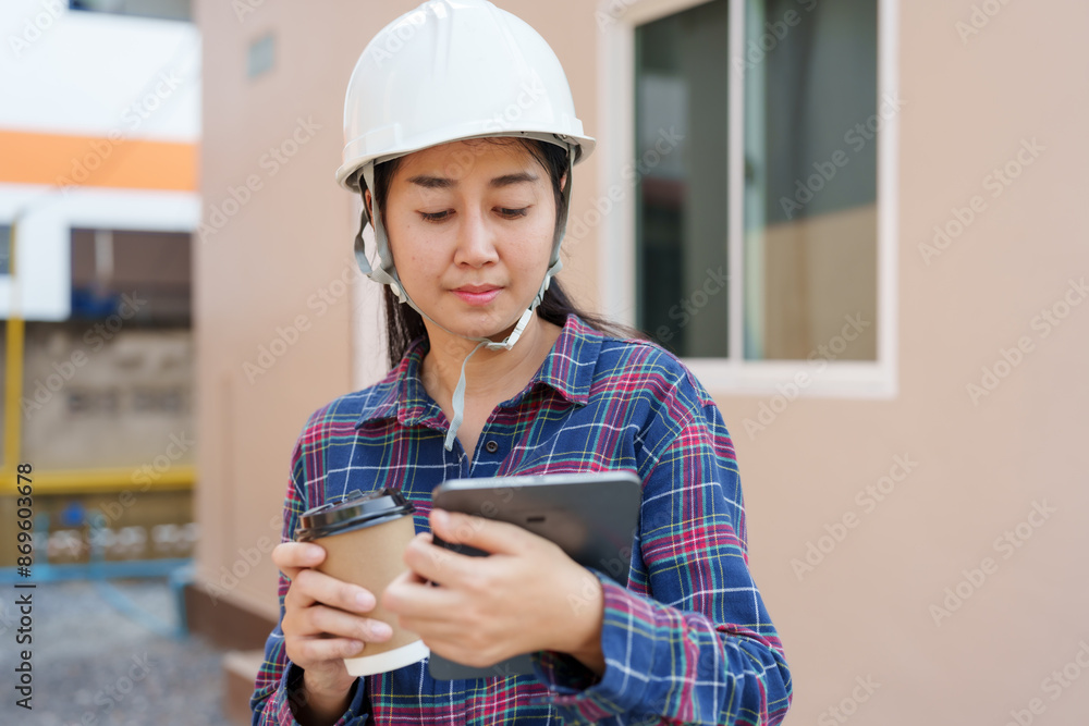 Asian female construction inspector reviewing tablet while holding ...