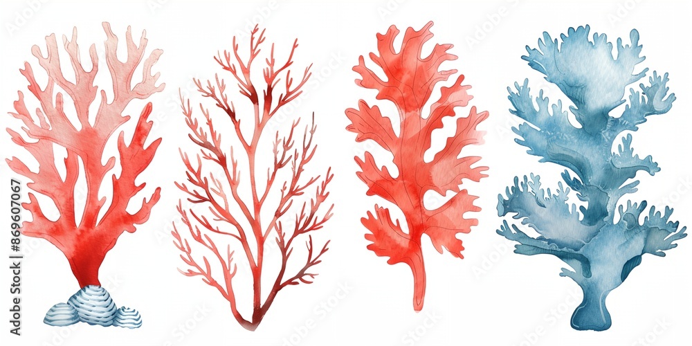 Four different types of coral are shown in a row. The coral is painted ...