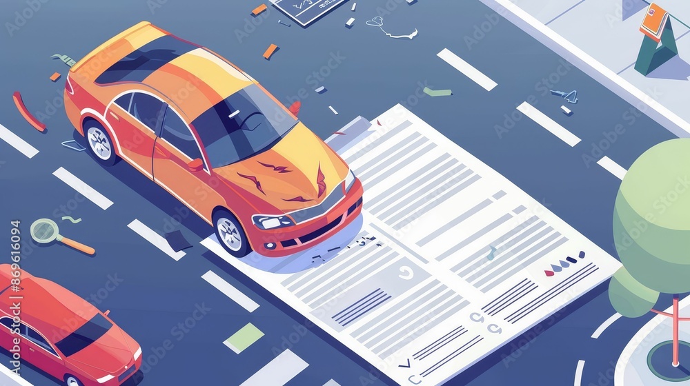 Auto insurance claim process, car accident scene with documentation ...